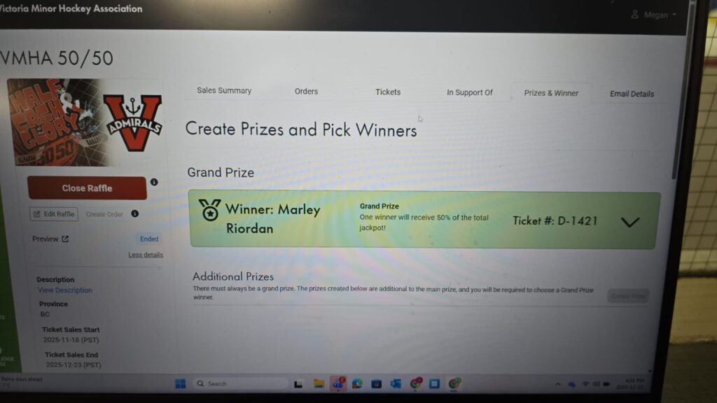 50/50 Winner: Marley Riordan! – Victoria Minor Hockey